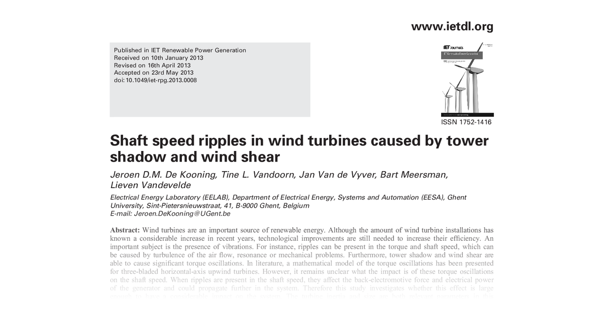 Shaft Speed Ripples in Wind Turbines Caused by Tower Shadow and Wind Shear