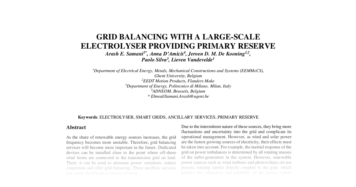 Grid balancing with a large-scale electrolyser providing primary reserve