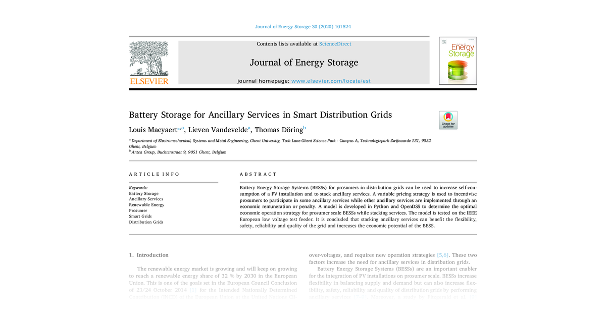 Battery Storage for Ancillary Services in Smart Distribution Grids